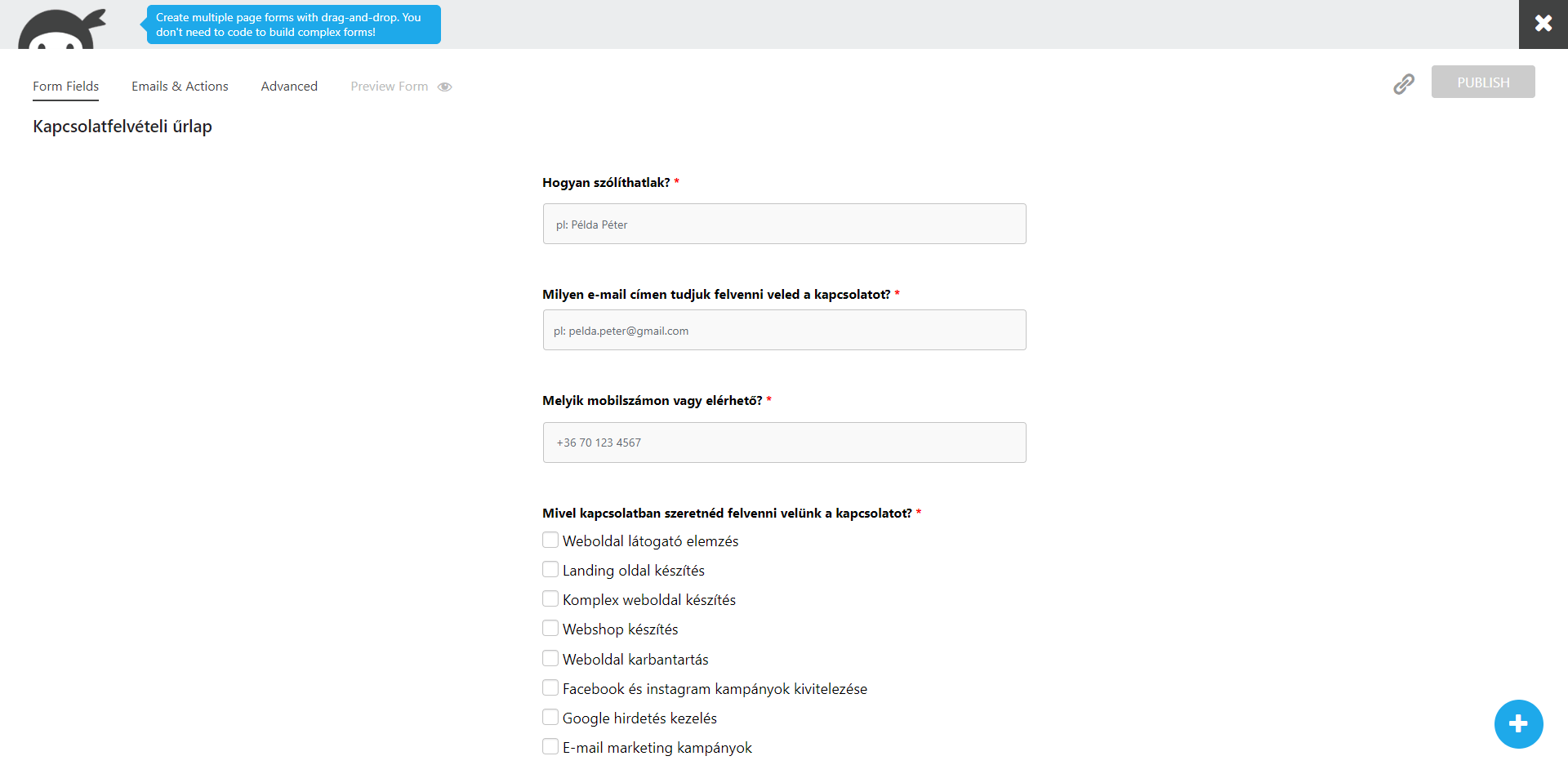 Ninja Forms űrlapkészítés WordPress oldalakon