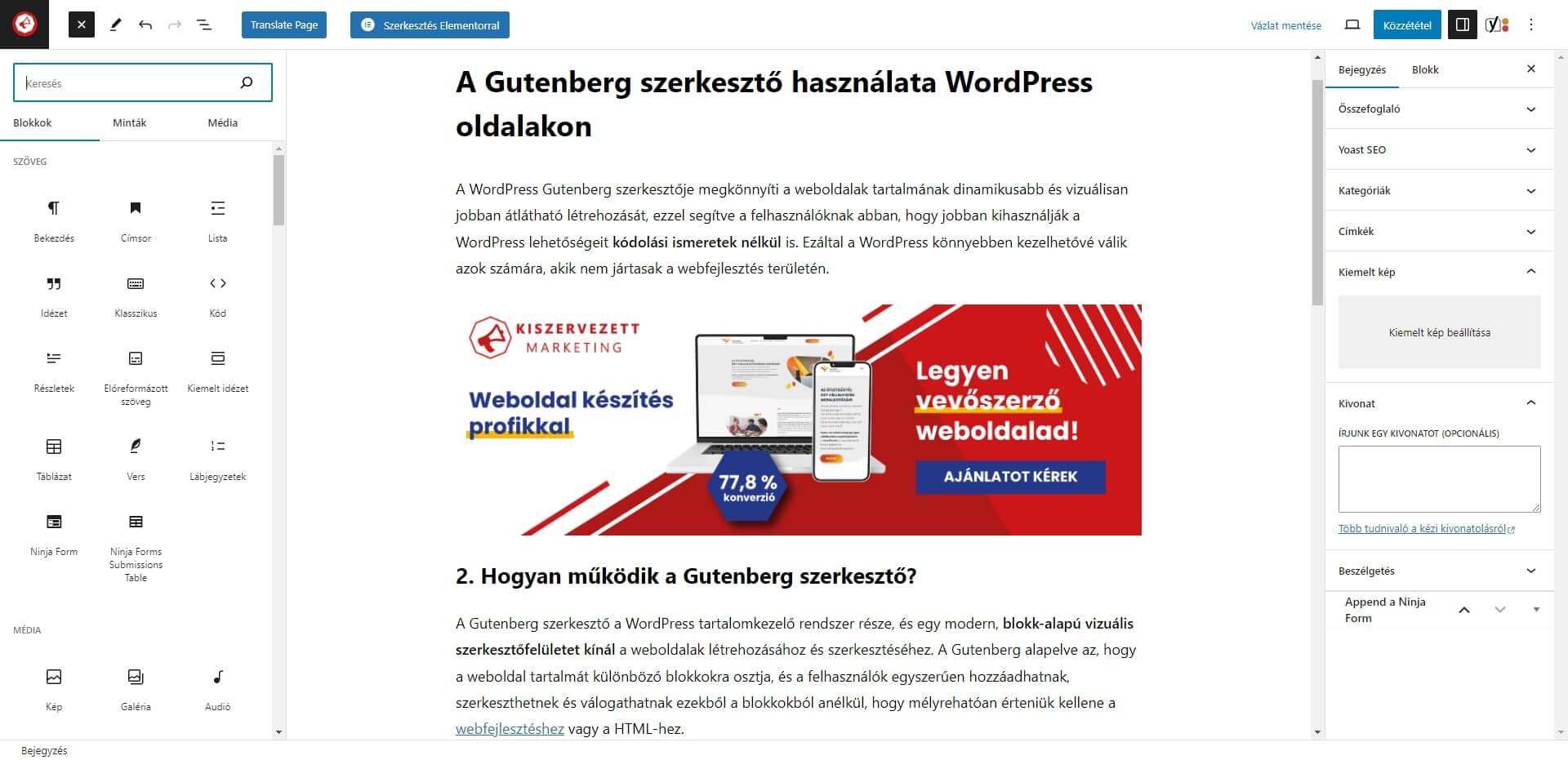 A Gutenberg szerkesztő használata WordPress oldalakon